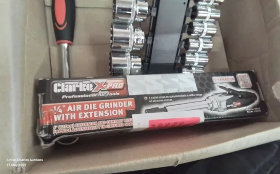 Lot 52: MIXED BOX OF TOOLS TO INCLUDE: CLARKE 3PC BALL JOINT SEPARATOR ...