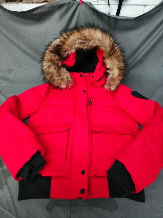 Lot 1210: SUPERDRY RED PARKA JACKET WITH FUR-TRIMMED HOOD SIZE ...