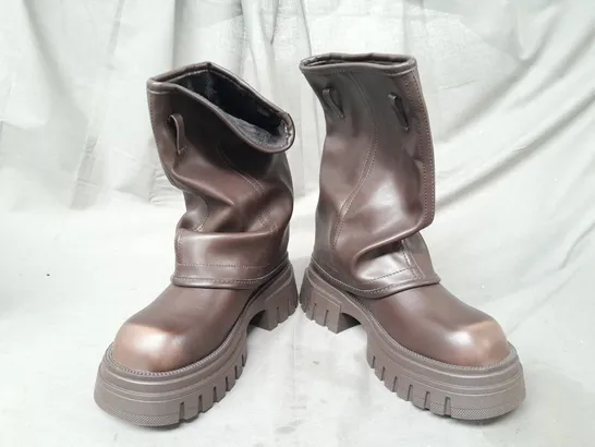 Lot 7129: BOXED PAIR OF ASYLUM CHUNKY ANKLE BOOTS IN DARK BROWN ASIAN ...
