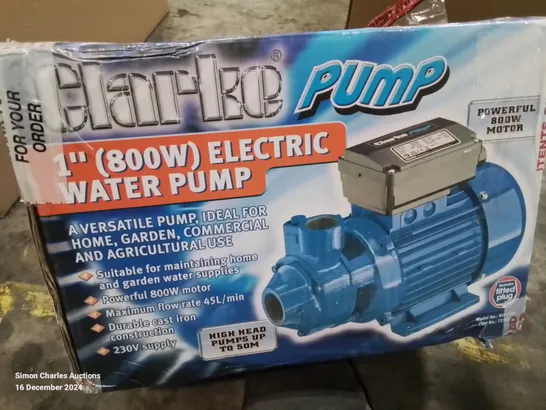Lot 56: BOXED CLARKE PUMP 1" (800W) ELECTRIC WATER PUMP - 4976642 ...