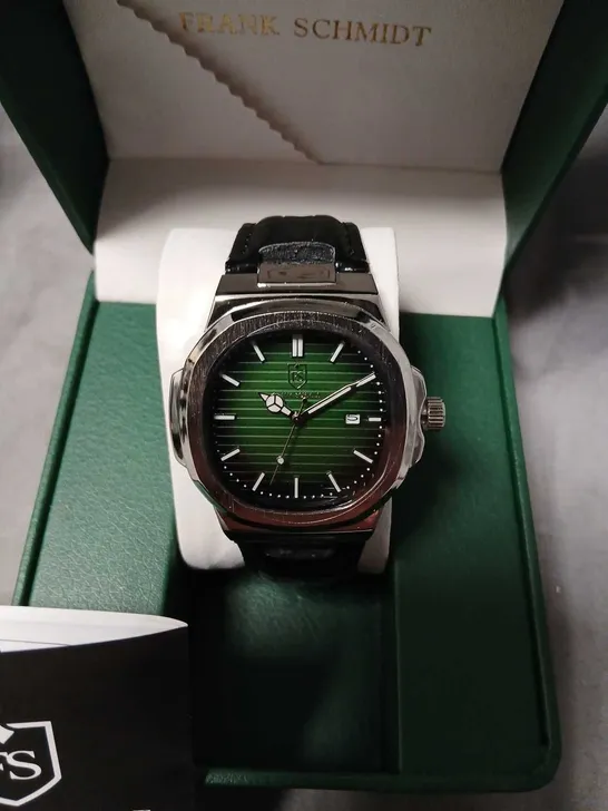 Lot 14: FRANK SCHMIDT FS WRISTWATCH – GREEN DIAL, BLACK LEATHER STRAP ...