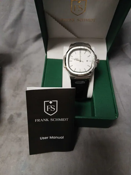 Lot 11: FRANK SCHMIDT FS WRISTWATCH WITH WHITE STRIPED DIAL, DATE ...
