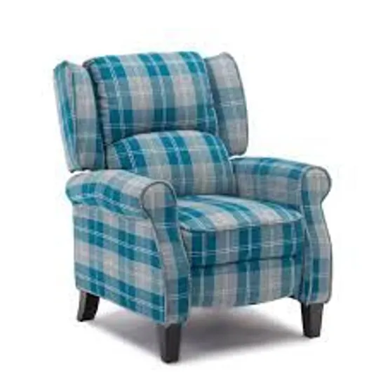 Lot 18: BOXED DESIGNER EATON BLUE FABRIC PUSHBACK RECLINING EASY CHAIR ...