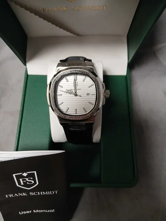 Lot 11: FRANK SCHMIDT FS WRISTWATCH WITH WHITE STRIPED DIAL, DATE ...