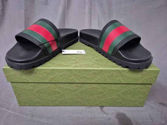 Lot 9031: BOXED PAIR OF GUCCI SLIDERS IN BLACK/GREEN/RED SIZE ...