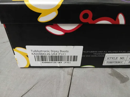 Lot 502: TELETUBBIES X KOI TUBBYTRONIC DIPSY BOOTS – BLACK PATENT BOOTS ...