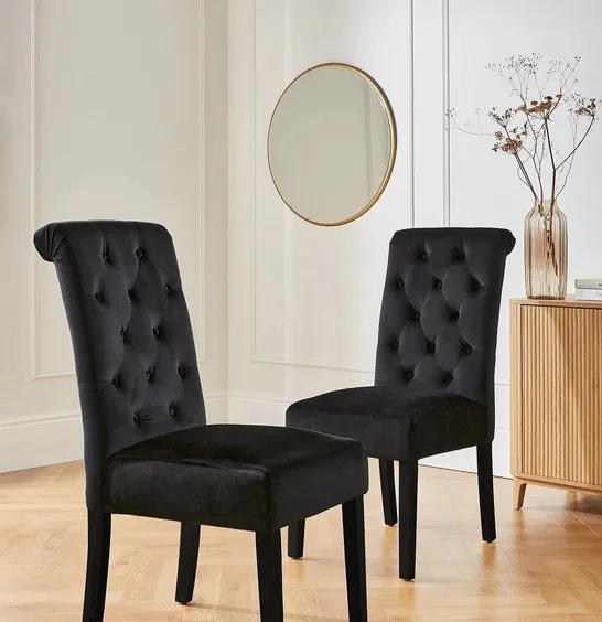 Lot 756: BOXED PAIR OF VELVET SCROLL BACK DINING CHAIRS IN BLACK ...