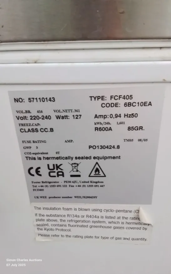 Lot 202: LARGE COMMERCIAL FOSTER CHEST FREEZER FCF405 - 5235874 | Simon ...