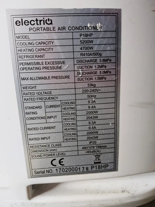 Lot 34: ELECTRIQ PORTABLE AIR CONDITIONING UNIT Model P18HP - 4654833 ...