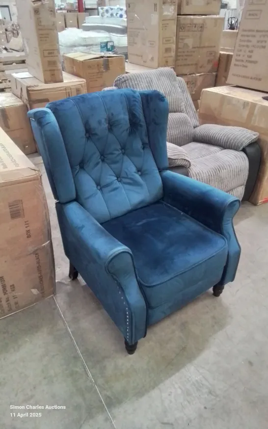 Lot 337: DESIGNER BLUE VELVET UPHOLSTERED RECLINER CHAIR - 5134383 ...